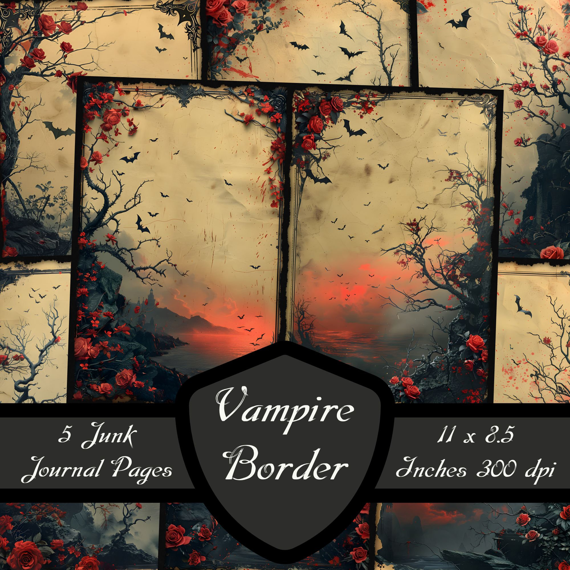 Vampire Border Junk Journal Pages, Dracula Frame Scrapbook Papers ...