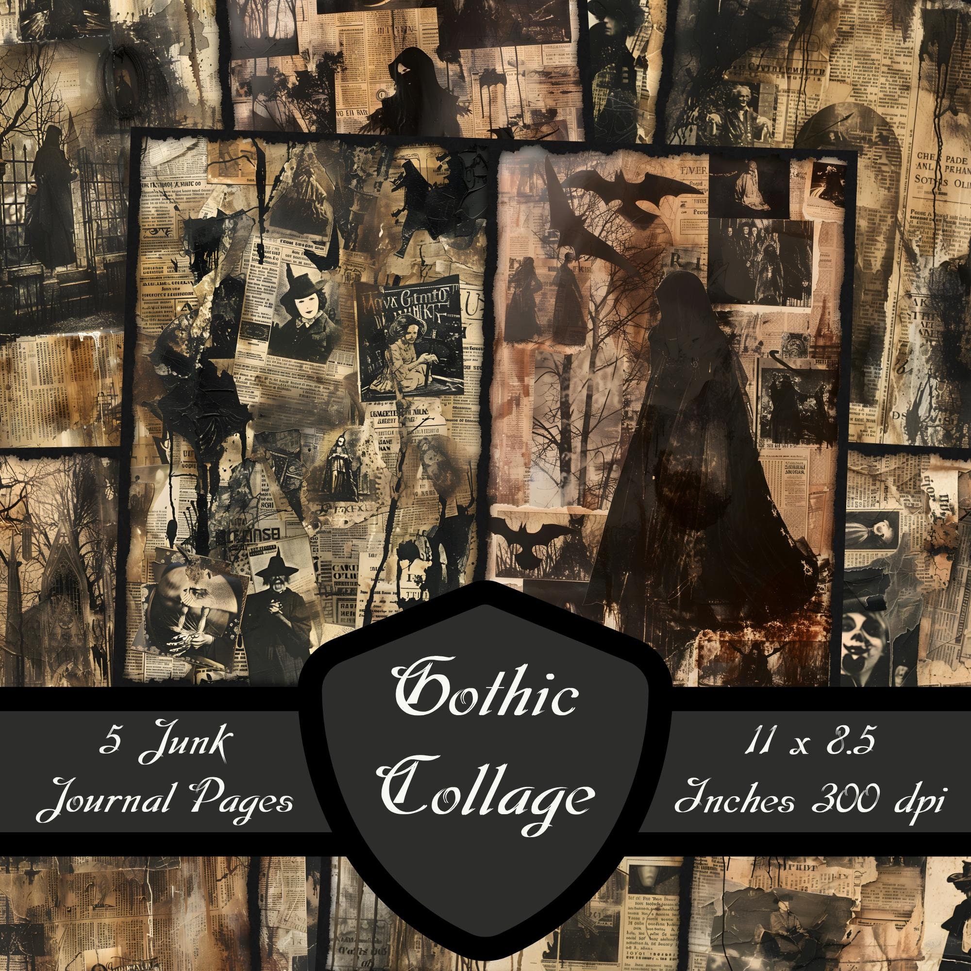 Gothic Collage Junk Journal Pages, Dark Newspaper Scrapbook Paper Witch ...