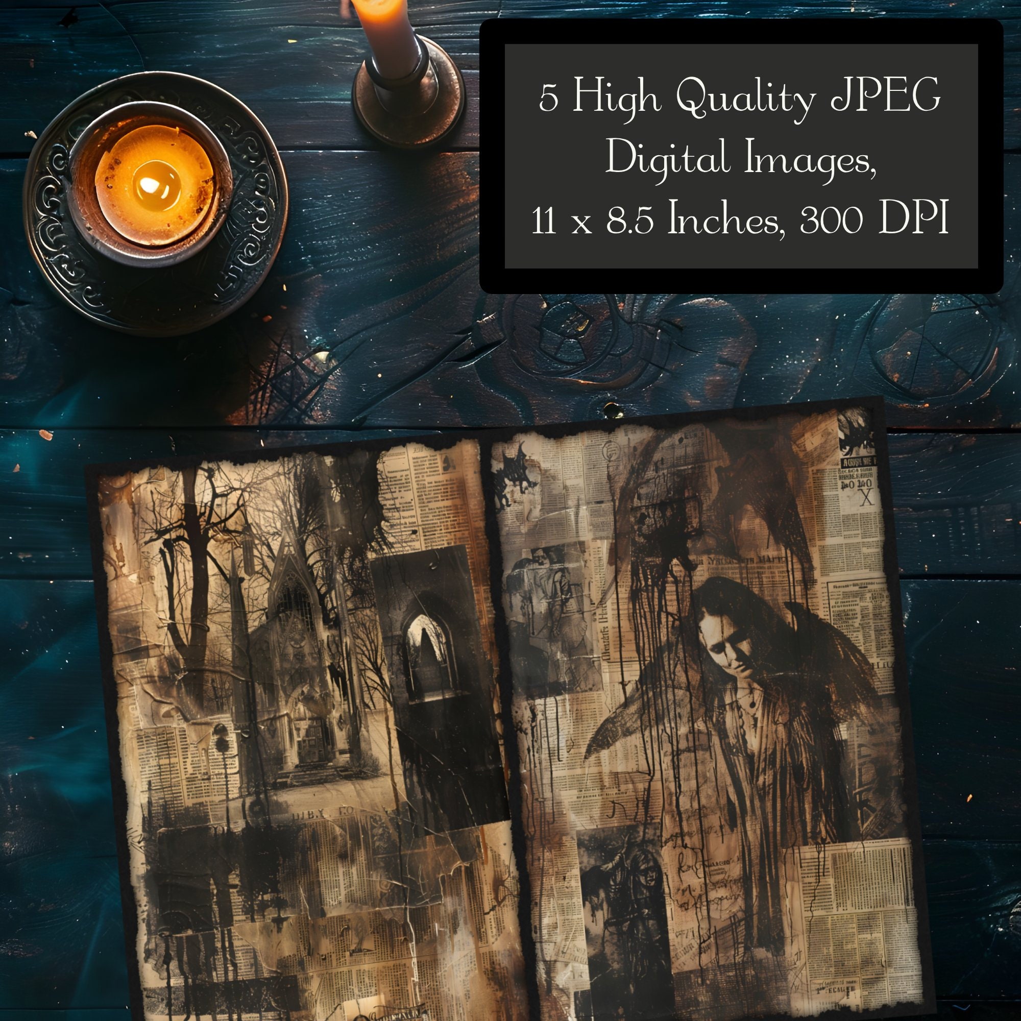 Gothic Collage Junk Journal Pages, Dark Newspaper Scrapbook Paper Witch ...
