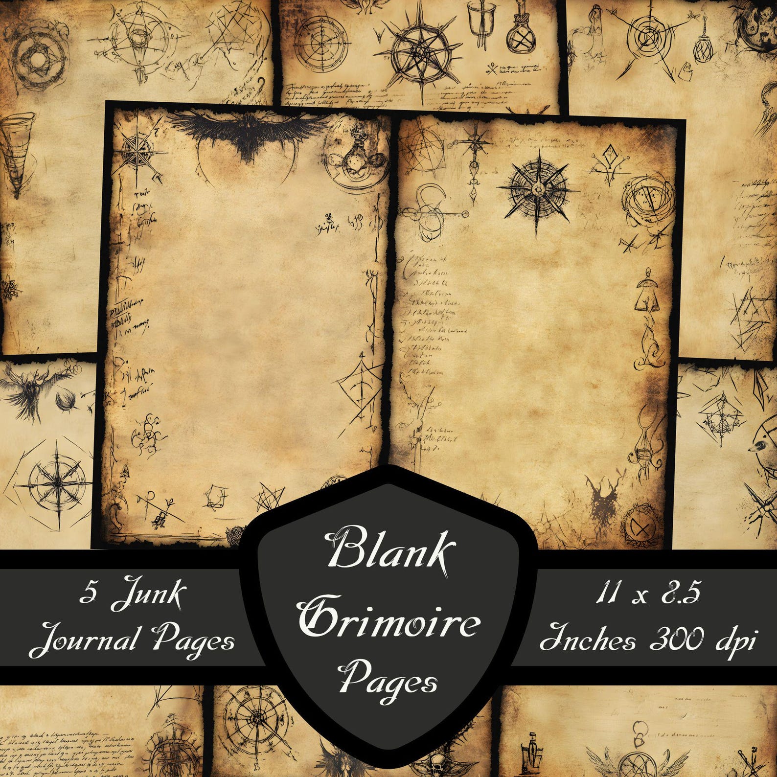 Blank Grimoire Junk Journal Pages, Witchy Border Scrapbook Papers Dark ...