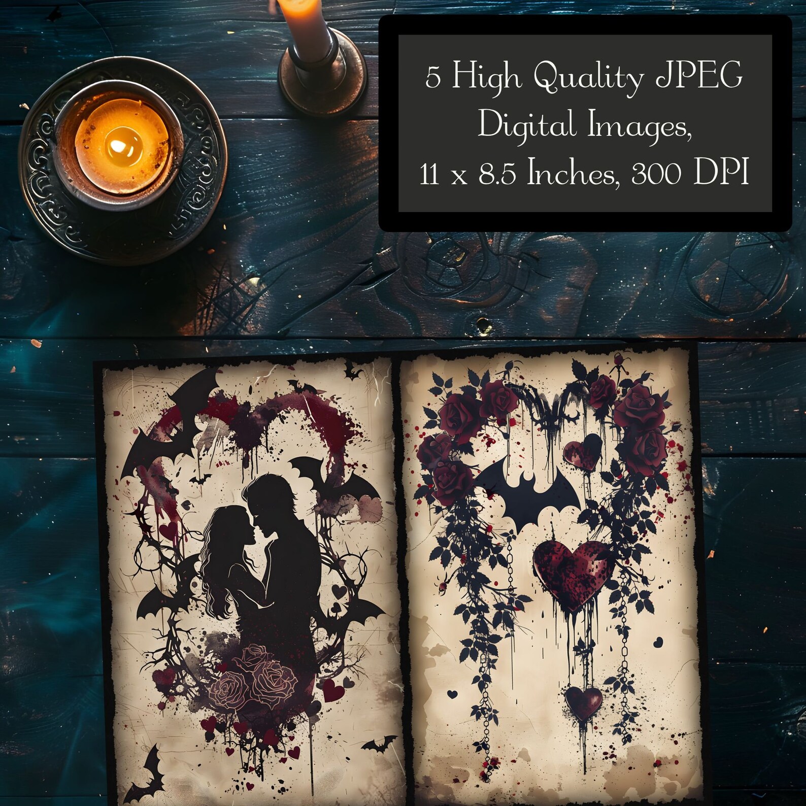 Vampire Lovers Junk Journal Pages, Gothic Romance Scrapbook Papers Dark ...