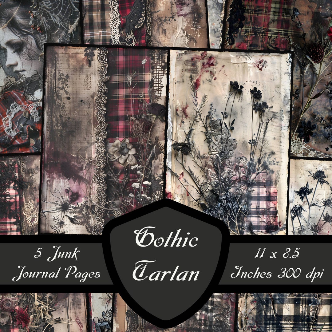 Gothic Tartan Junk Journal Pages, Dark Checked Mixed Media Scrapbook ...