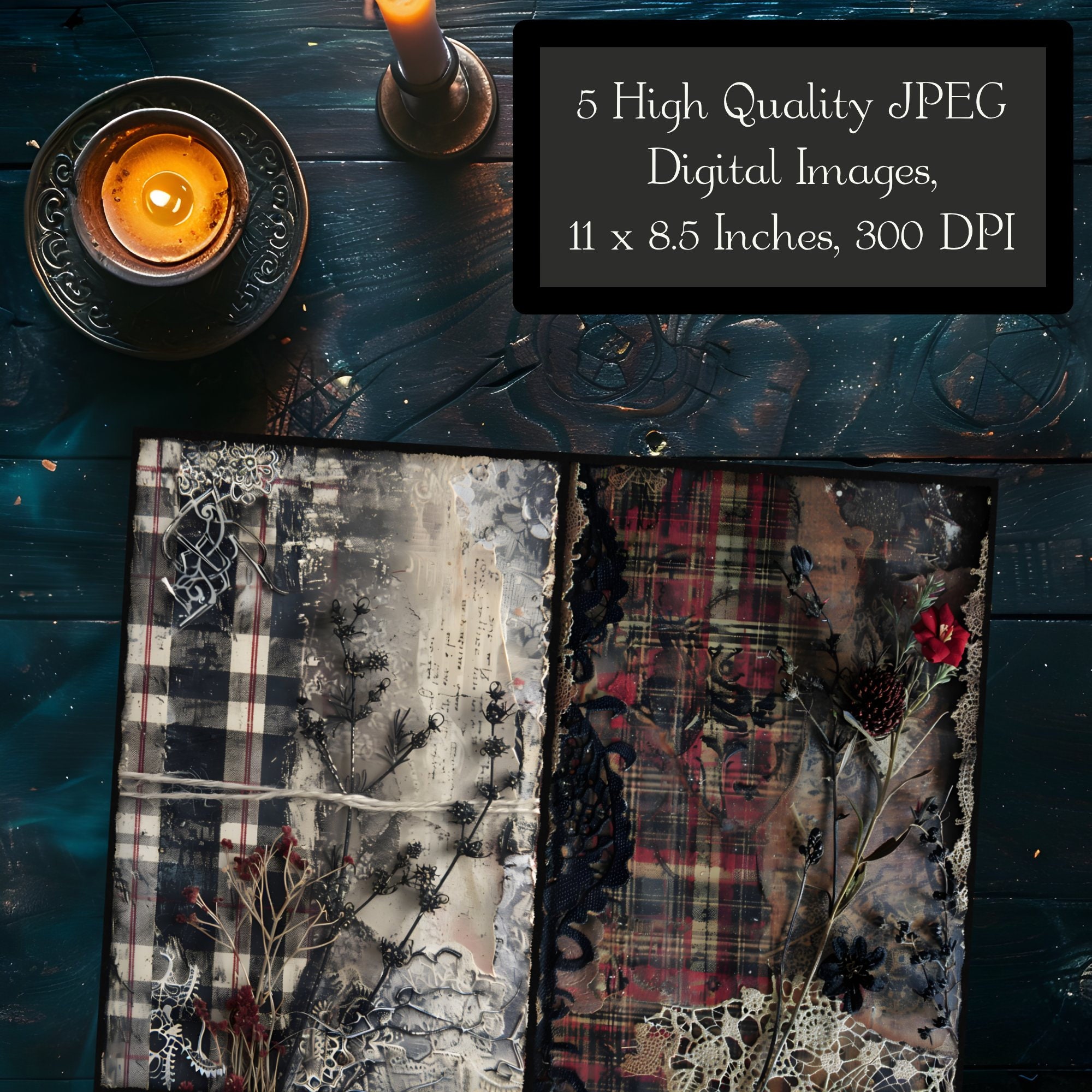 Gothic Tartan Junk Journal Pages, Dark Checked Mixed Media Scrapbook ...