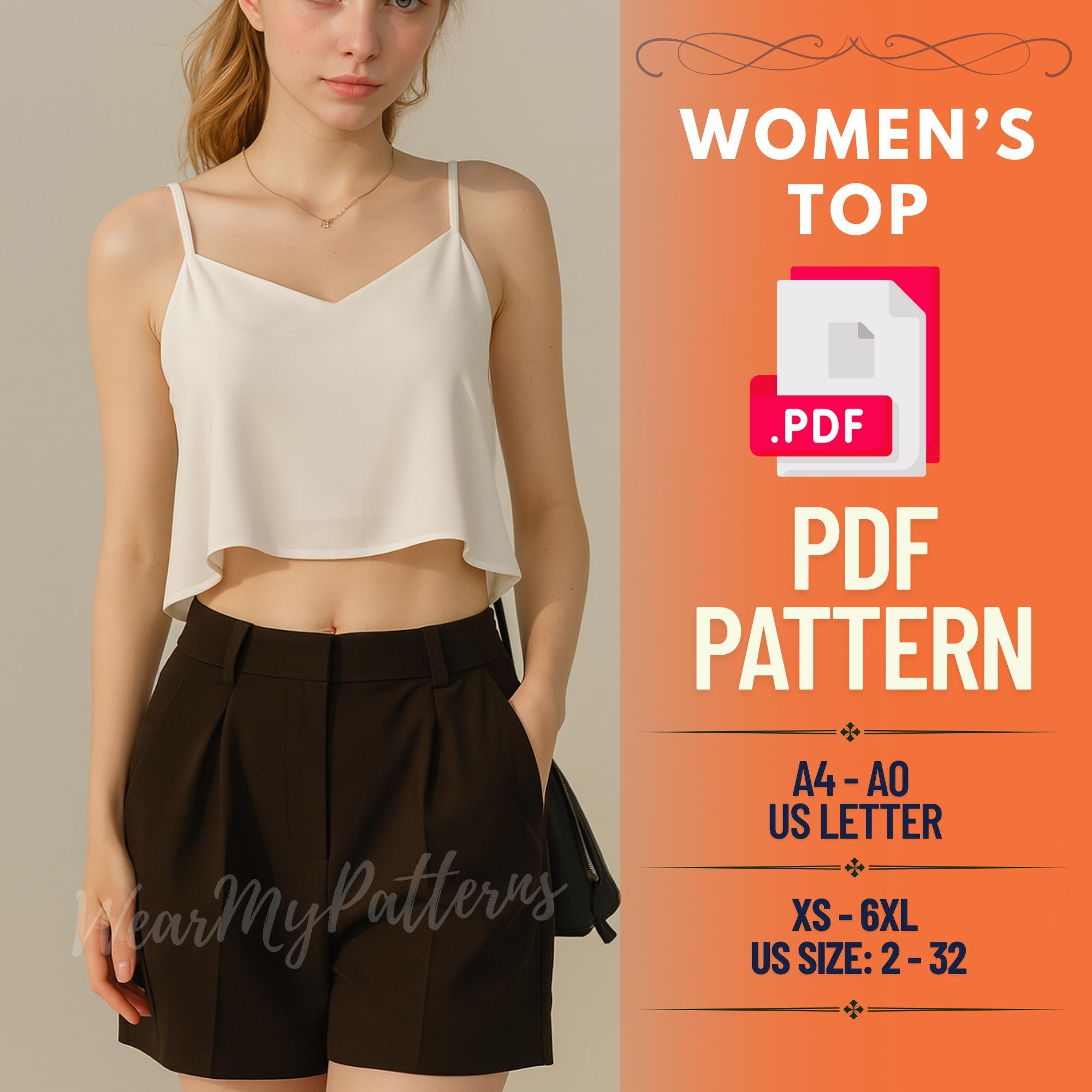 Unique Crop Top Sewing Pattern PDF | Thin Strap Summer Top | XS–6XL ...