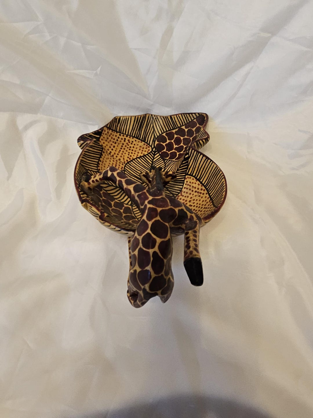 African Wooden Giraffe Hand Painted Carved Bowl Traditional Folk Art 9 ...