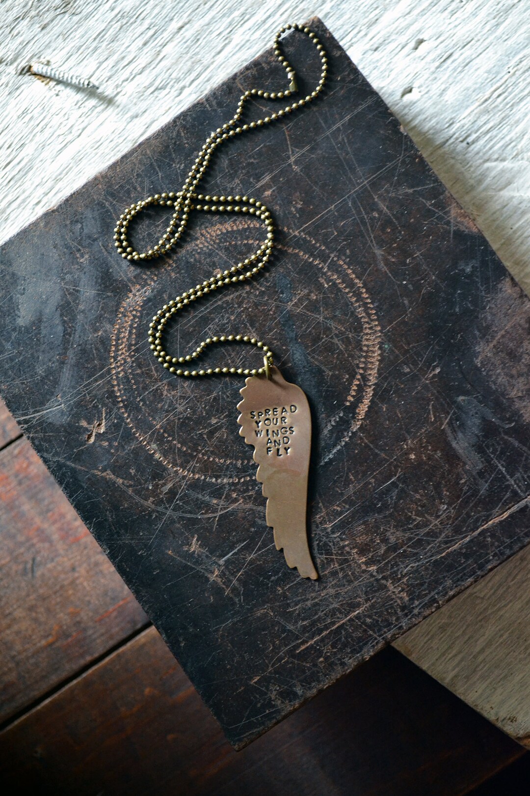 Spread Your Wings and Fly - Hand Stamped Necklace - Brass Angel Wing ...