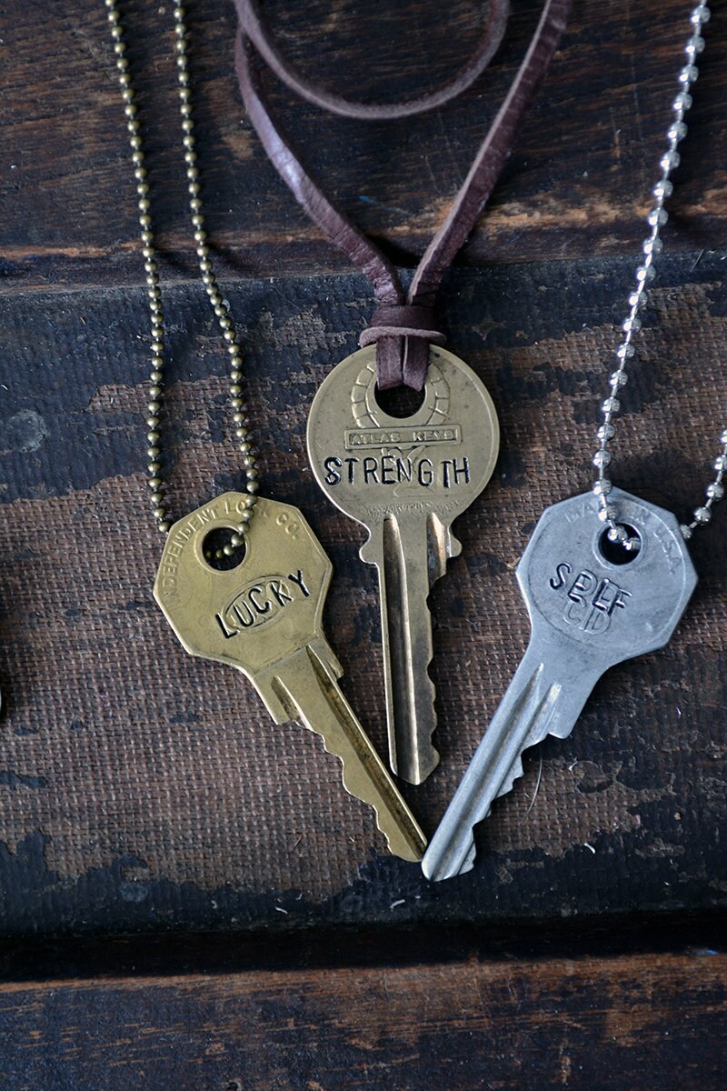 Key Necklace Hand Stamped Key Custom Word Key - Etsy