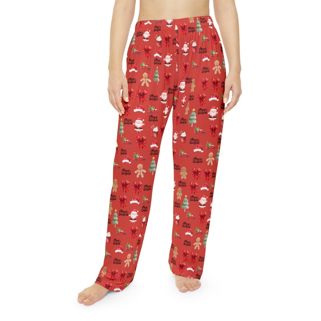 Santa Claus Christmas Pajama Pants, Cookies Candy Canes Print, Holiday ...