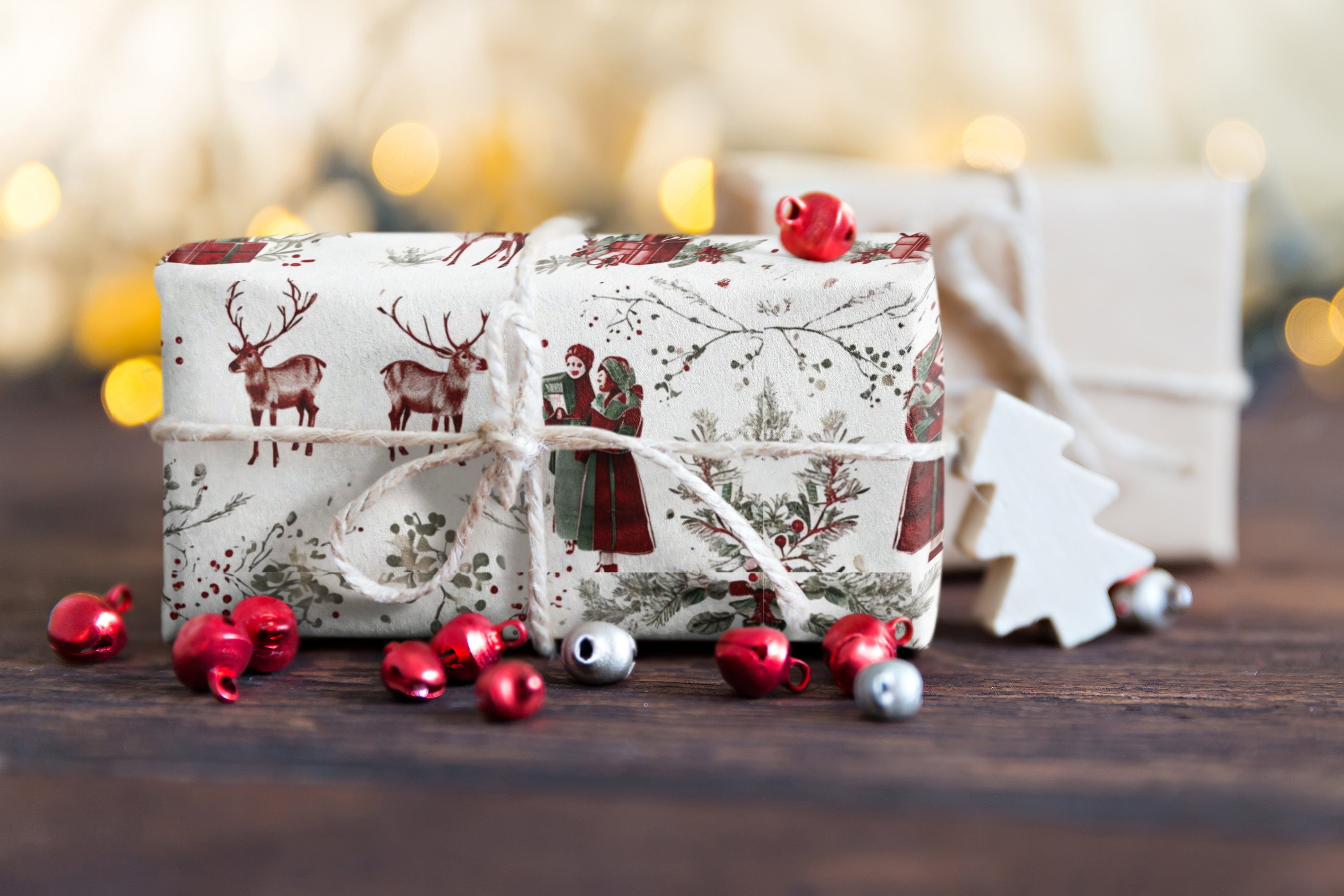 Traditional Scene Christmas Wrapping Paper, Holiday Gift Wrap, Festive ...