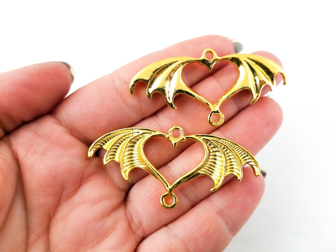 3 Gold Open Bezel Winged Heart Connecter Pendant, Gold Plated Connector ...