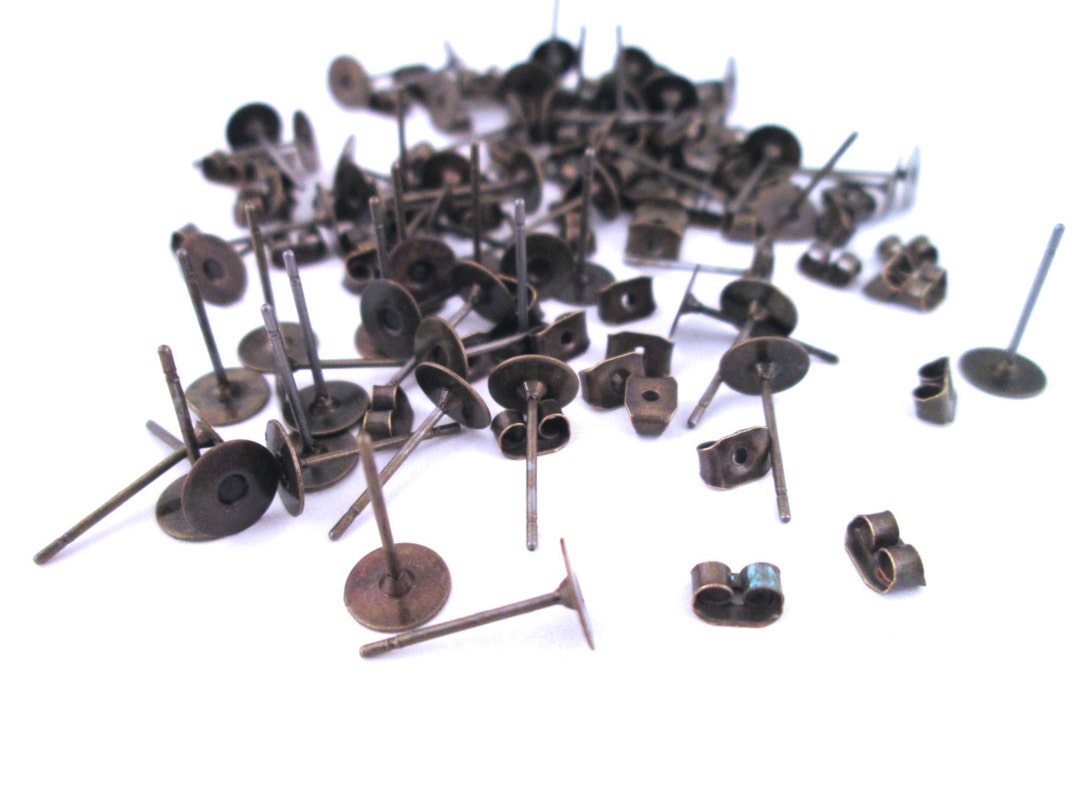 6mm Round Flat Pad Brass Plated Earring Studs With Ear Nuts, Bronze Ear ...