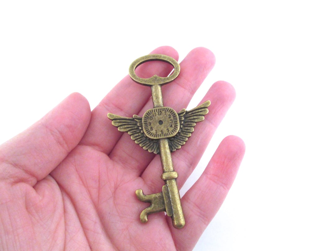 Huge 78mm Focal Point Antique Brass Skeleton Key Pendant, Bronze Winged ...