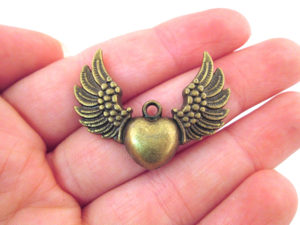 Brass Winged Heart Charms Flying Hearts Angel Wing Hearts - Etsy