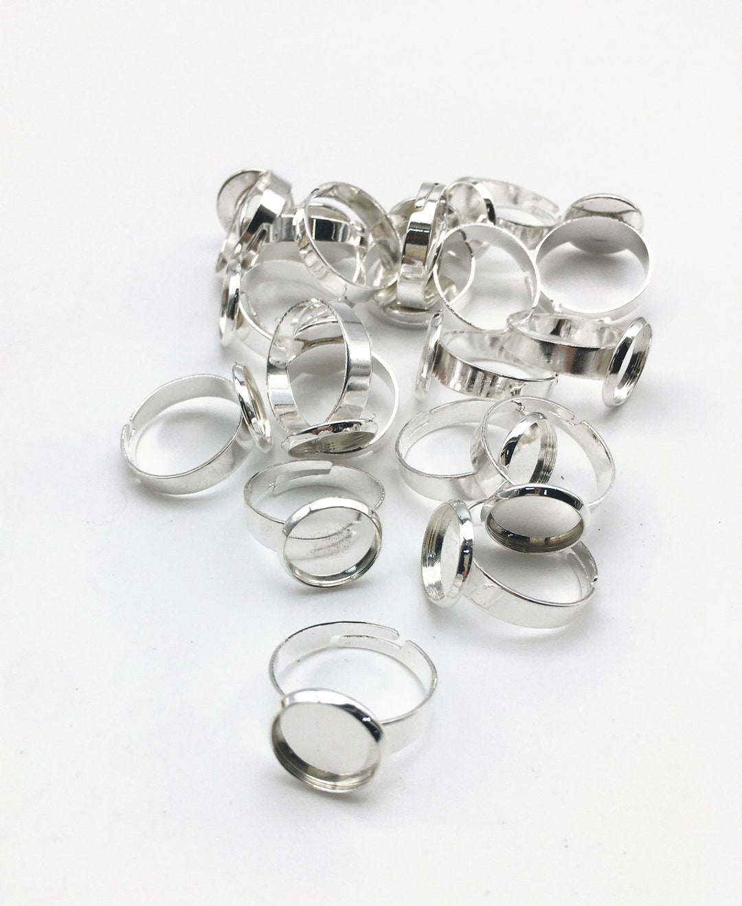12mm Round Silver Plated Bezel Ring Blanks, Adjustable Ring Bases, Pick ...