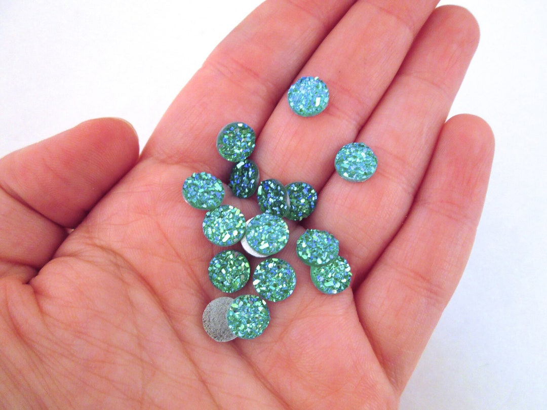 10 Blue Green 8mm Round Flatbacked Resin Druzy Cabochons, Flat Backed ...