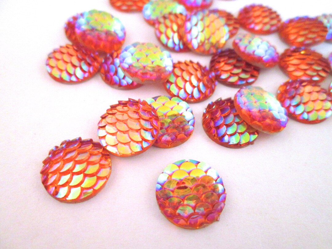 Ten 12mm Flatbacked Resin Orange Iridescent Fish Scale Cabochons, Flat ...