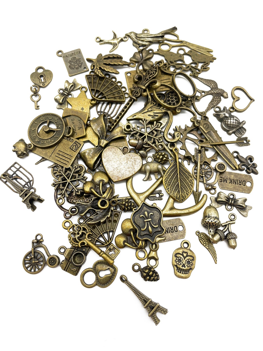 20, 40 or 100 Piece Random Assortment of Bulk Brass Plated Charms ...