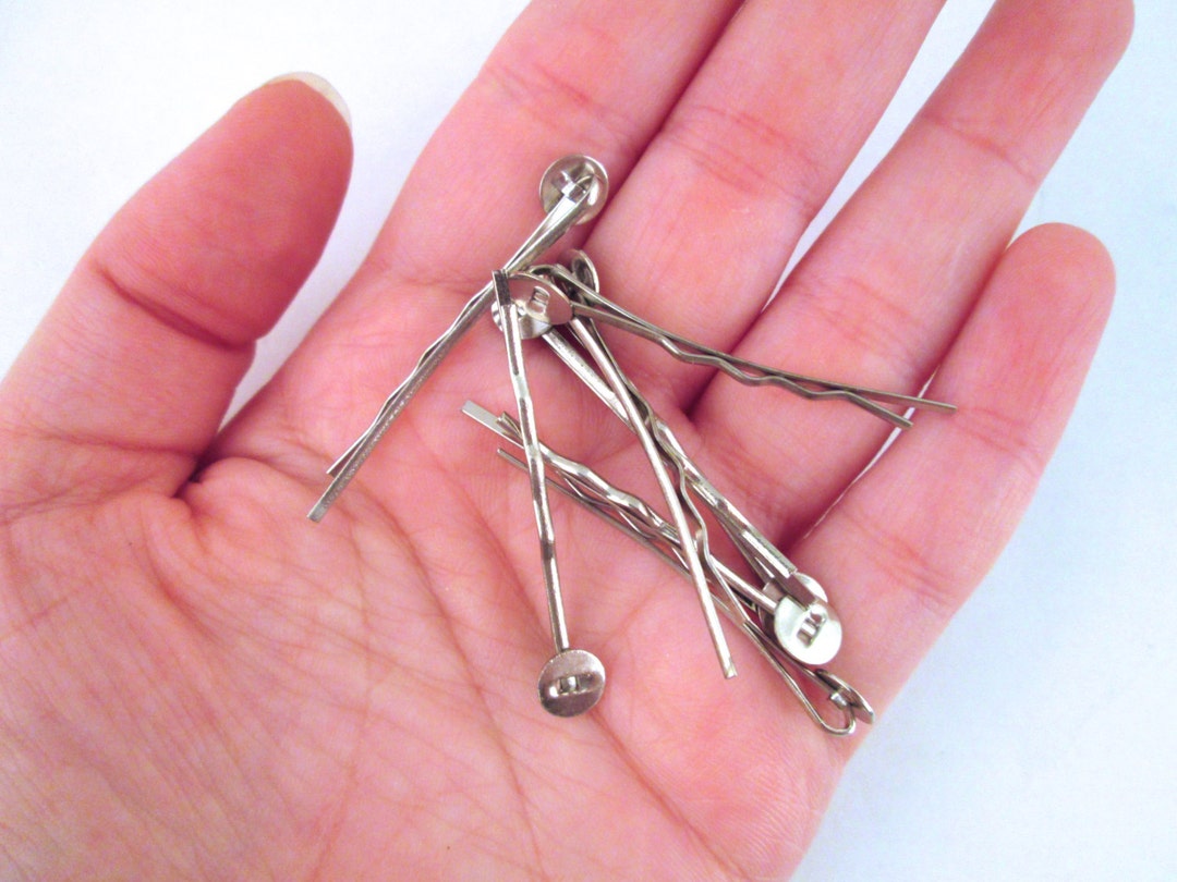 25 CHILD or CHILDREN'S Diy Round Glue on 43mm Long Bobby Pins, Silver ...