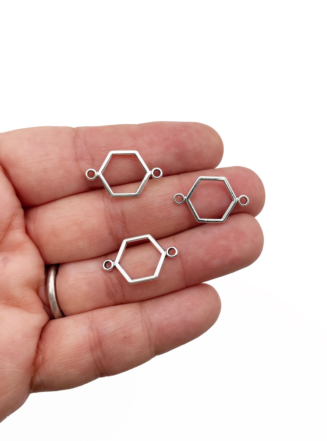 10 Double Sided Silver Plated Open Bezel Hexagon, Hexagonal Charm ...