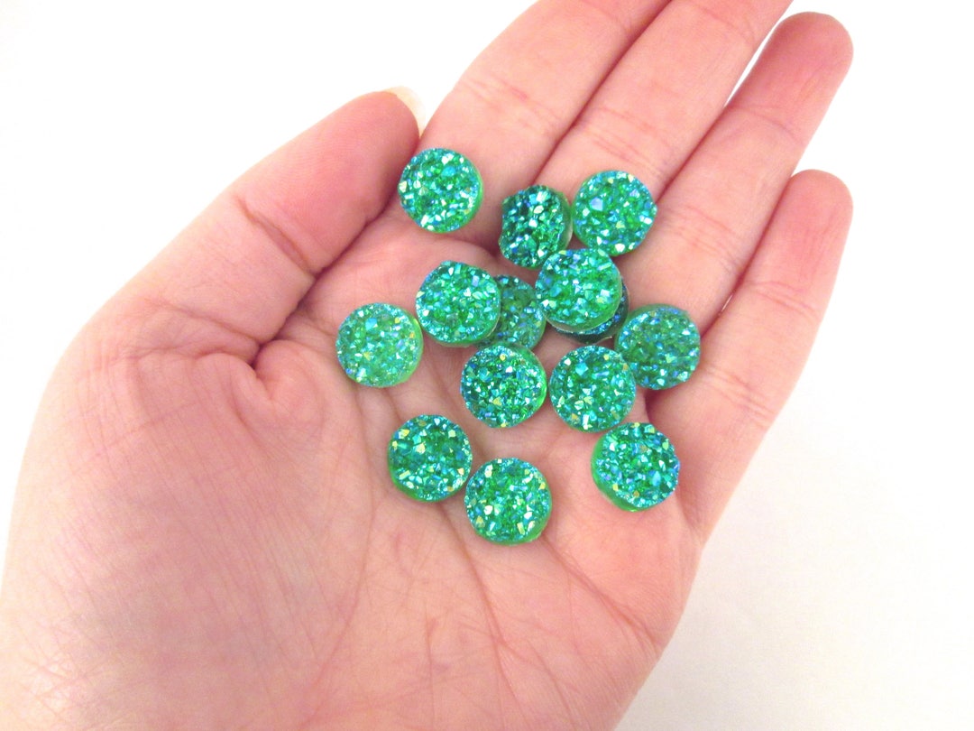 10 Iridescent Flatbacked Green Resin 12mm Round Druzy Cabochons, Flat ...