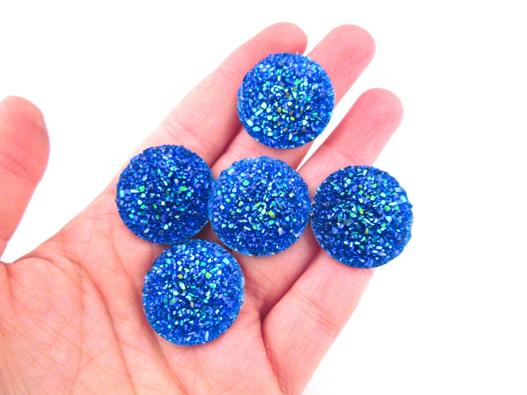 6 Round 24mm Iridescent Blue Flatbacked Resin Drusy Cabochons, Flat ...