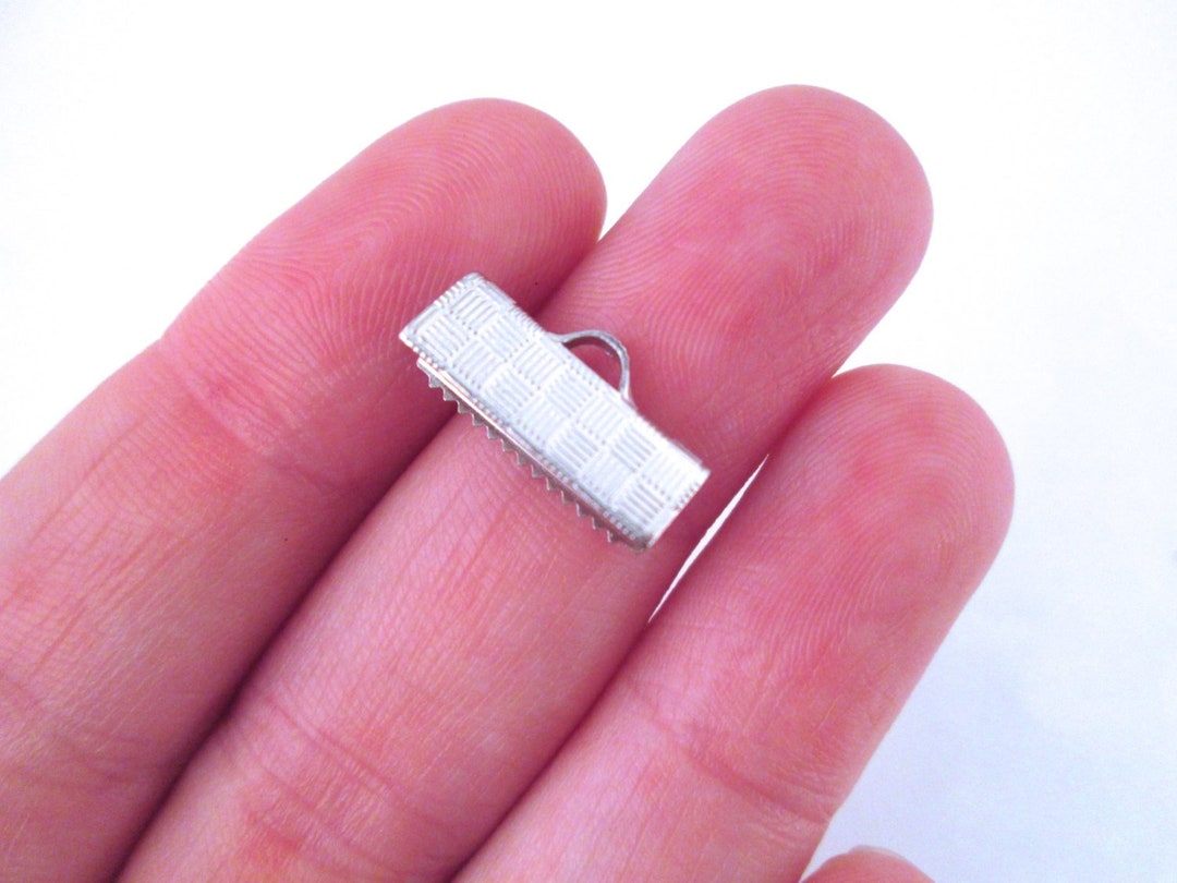 25 Silver Basket Weave Ribbon Crimps, Ribbon Clips, Fold Over Crimp ...