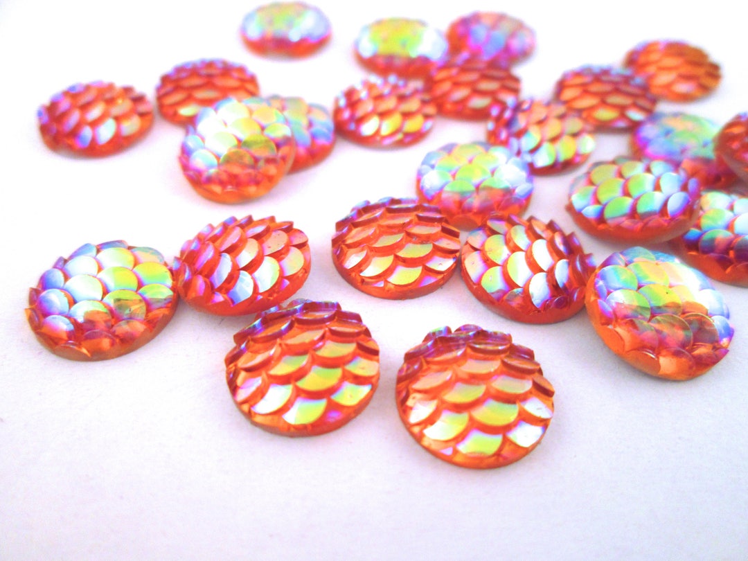 10 Round Flatbacked Resin 10mm Orange Fish Scale Cabochons, Flat Backed ...