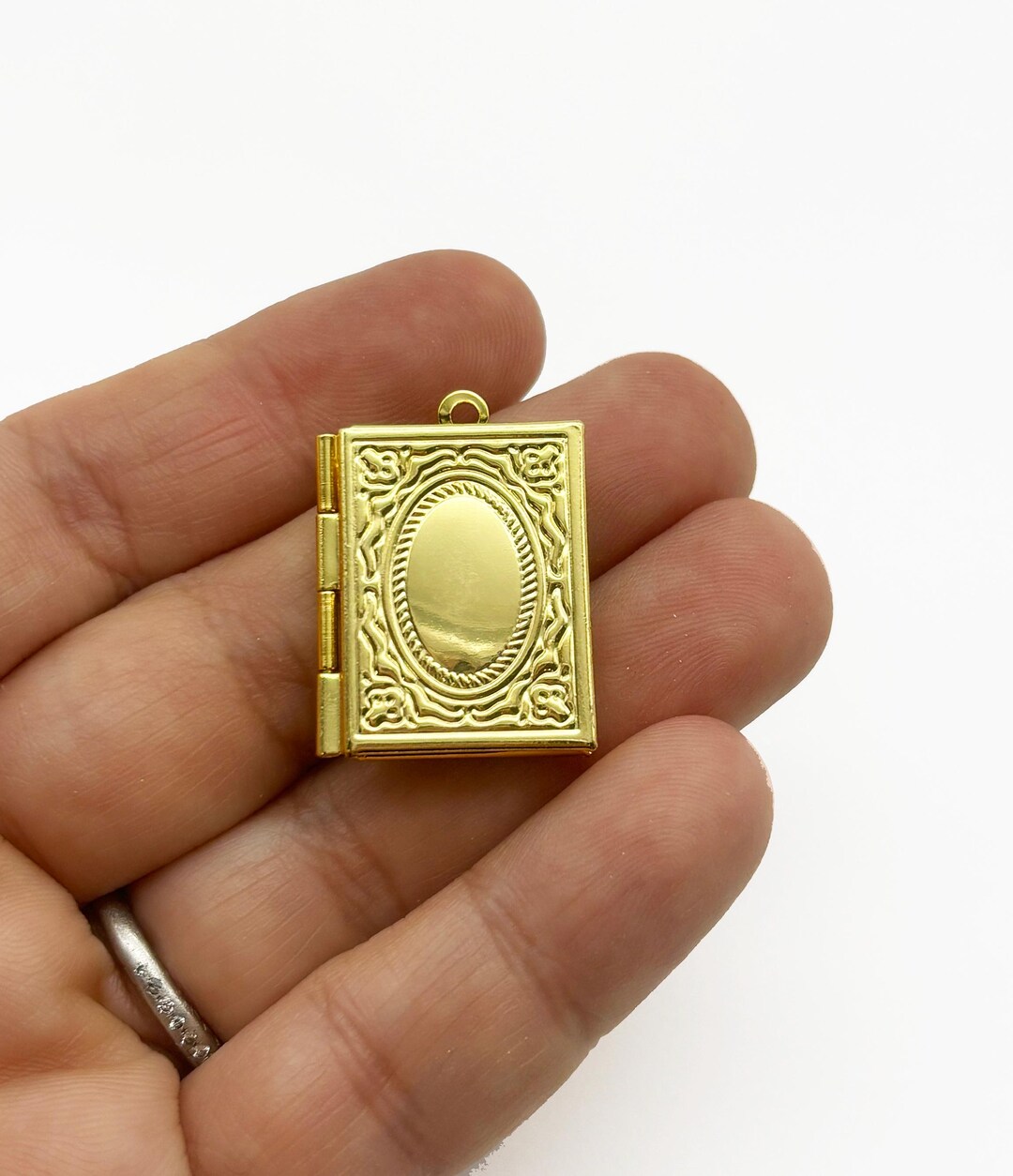 Gold Plated Brass Rectangle Book Locket Charm, Rectangular Keepsake ...