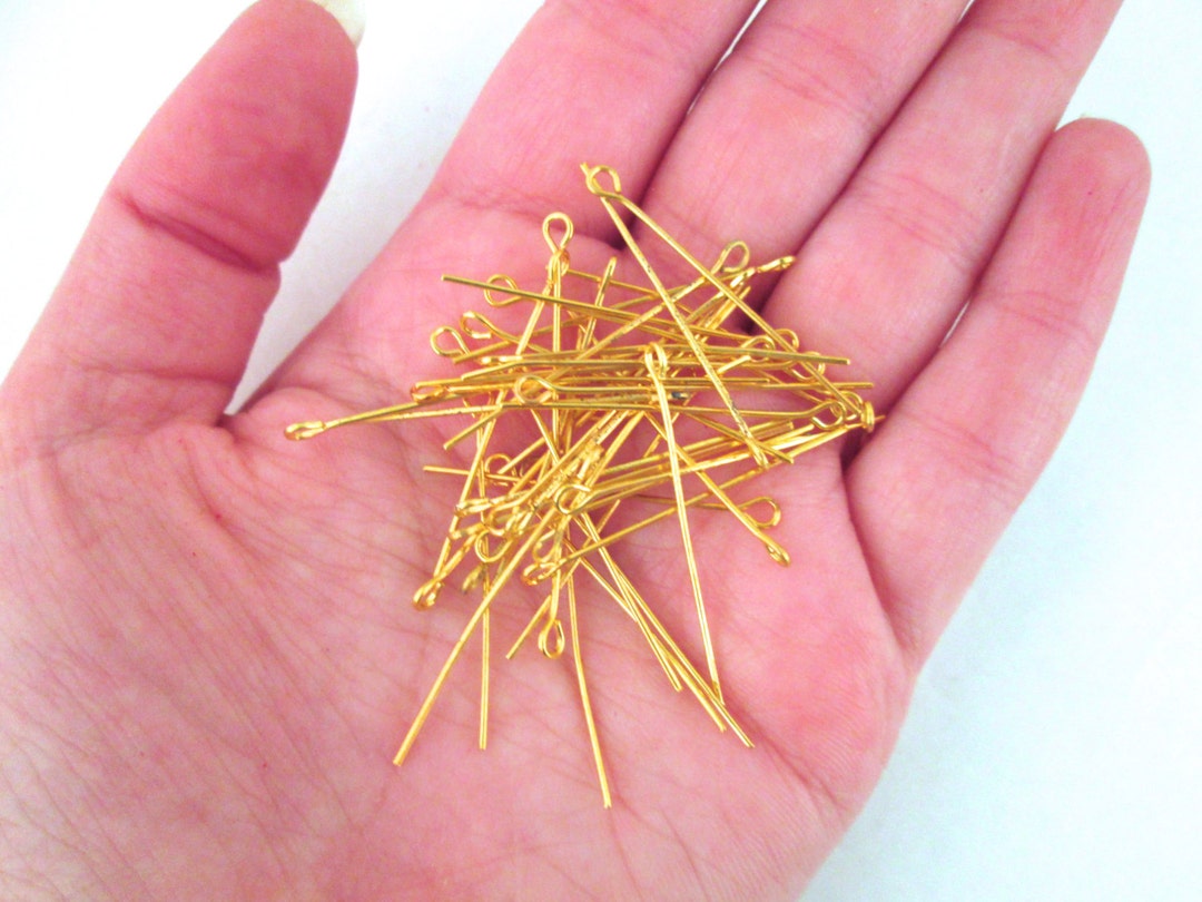100 Gold Plated Eyepins, 35mm Long Eye Pins, Diy Jewelry Findings C229 ...