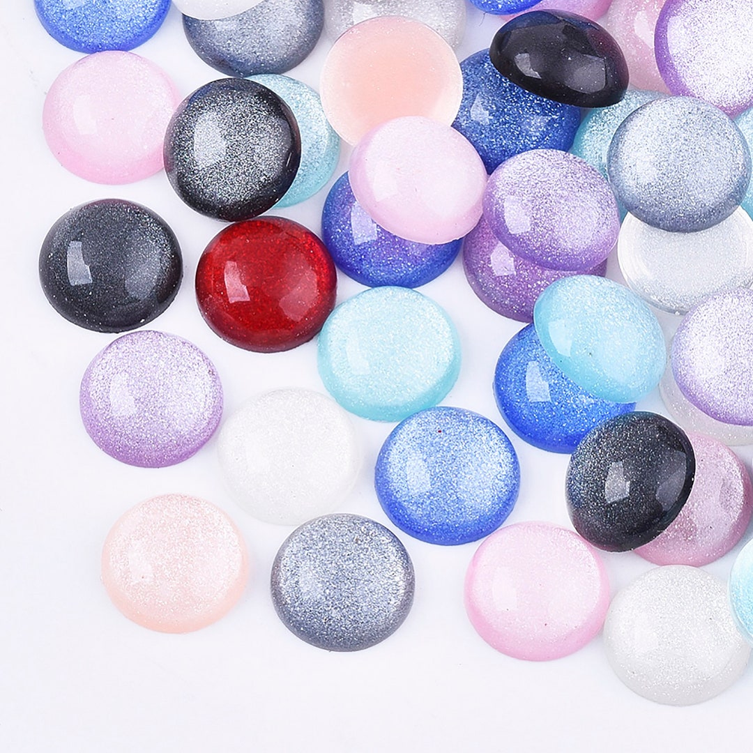 25 Round 10mm Round Multicolor Resin Glitter Dust Flat Backed Cabochons ...