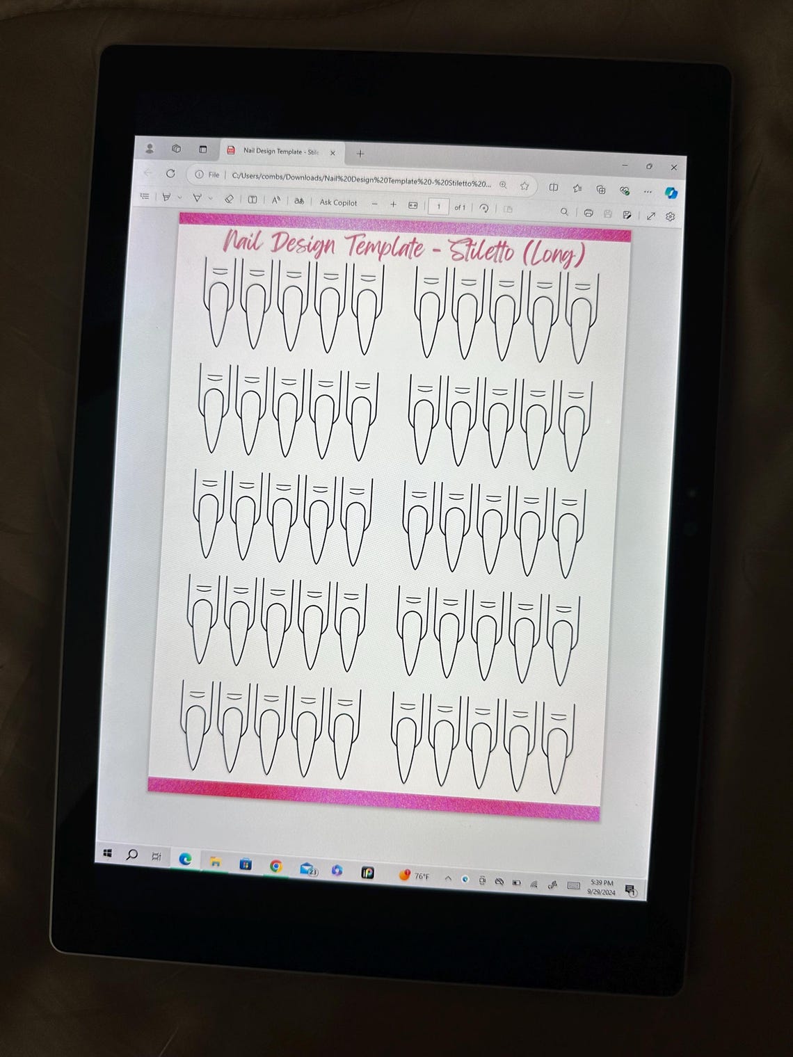 Long Stiletto Nail Template: Nail Art Planner (PDF Download) - Etsy