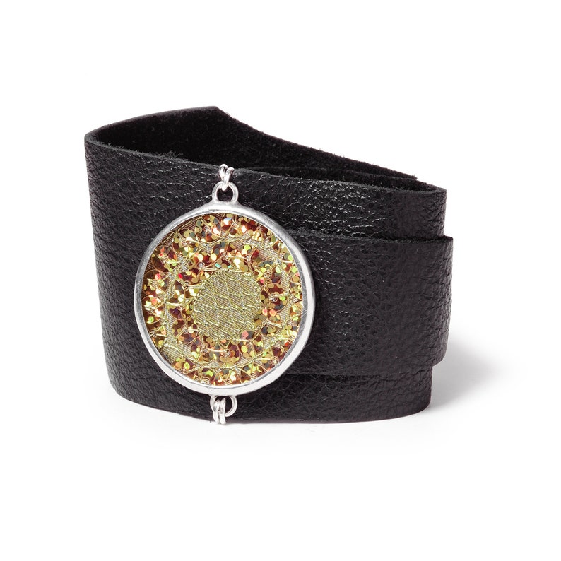 Cuff in Soft Black Leather With Gold Sequin Sari Silk Shi - Etsy