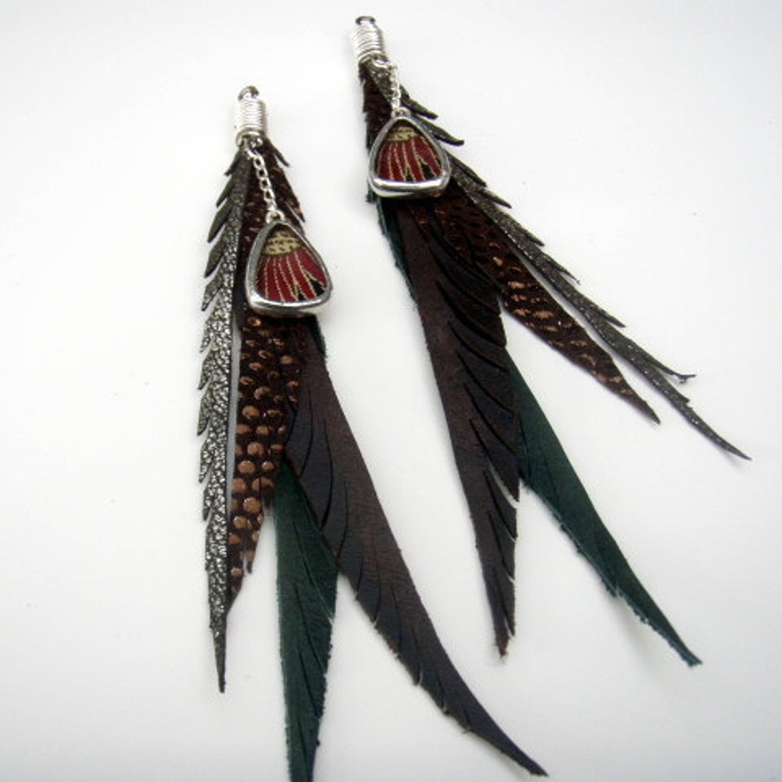 Leather Feather Earrings With Dangling Red and Gold Peacock - Etsy