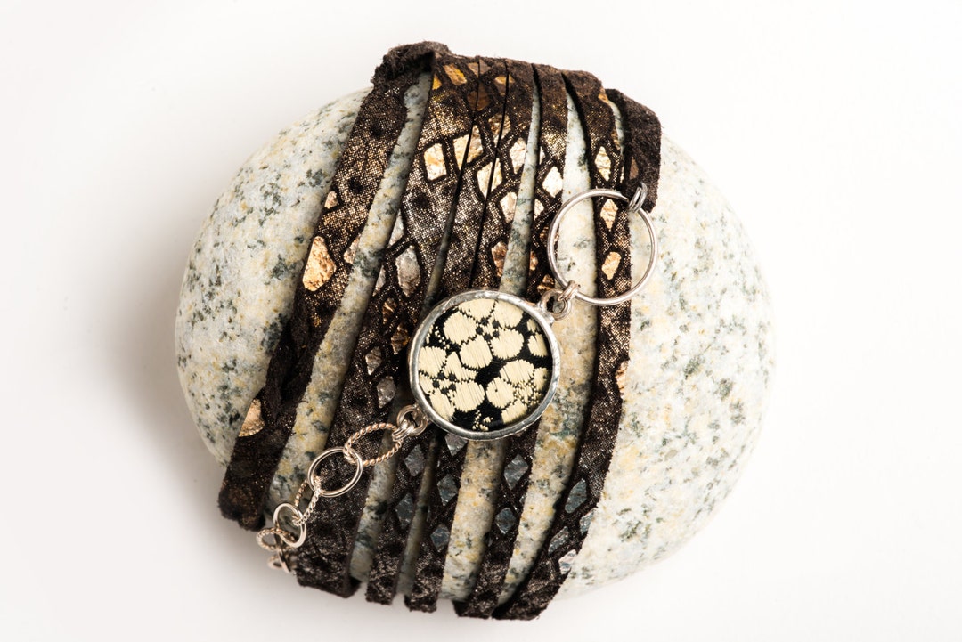 Metallic Leather Wrap Around Cuff Tether Bracelet With Gold Silk ...