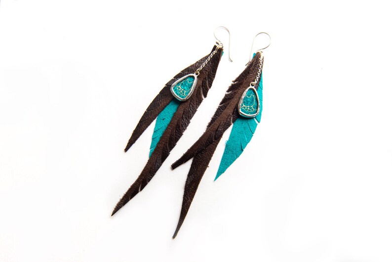 Turquoise Leather Feather Earrings With Floral Shi Piece - Etsy