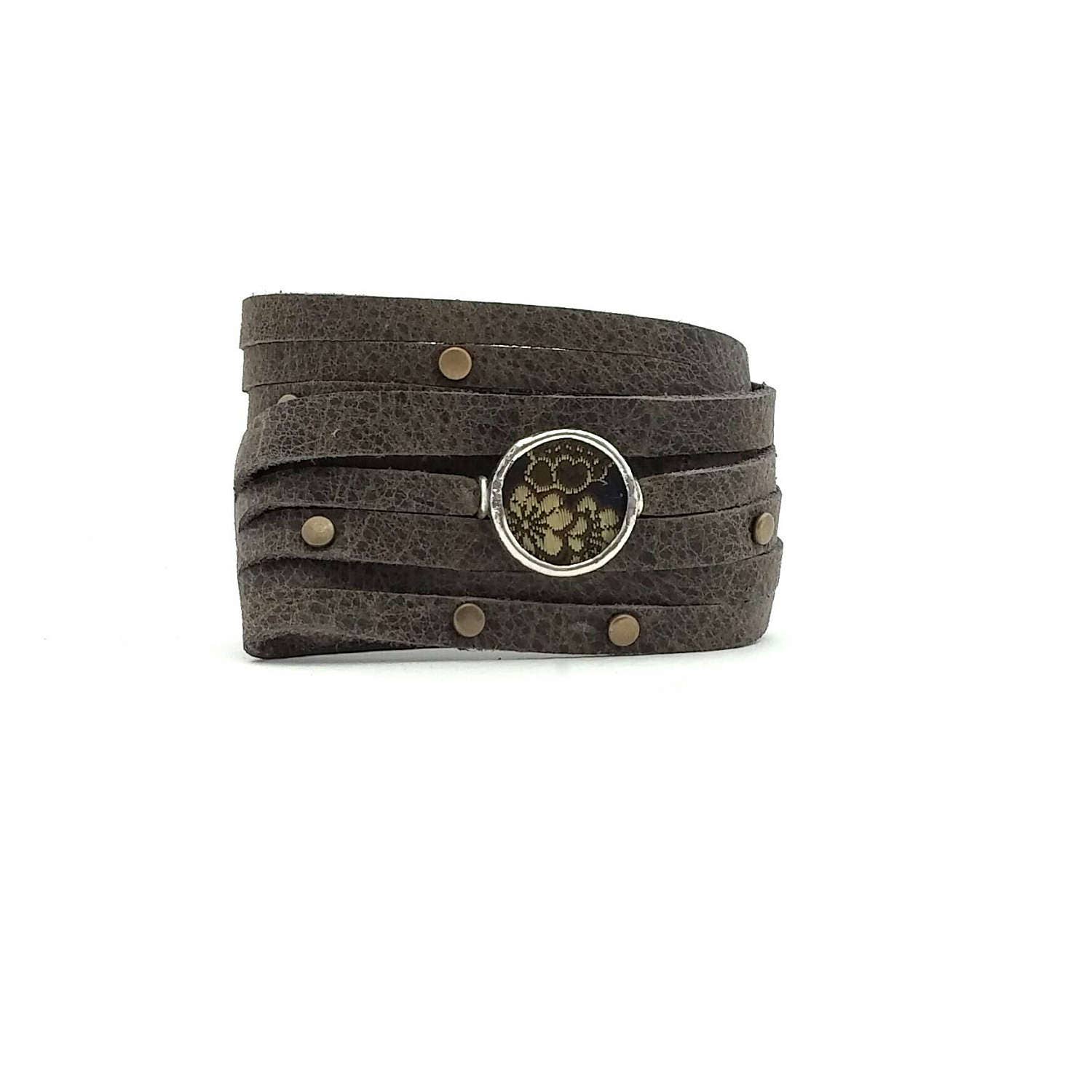 Shi Bandit Cuff: Gray Leather Wrap Cuff With Brass Studs and Silk Charm ...