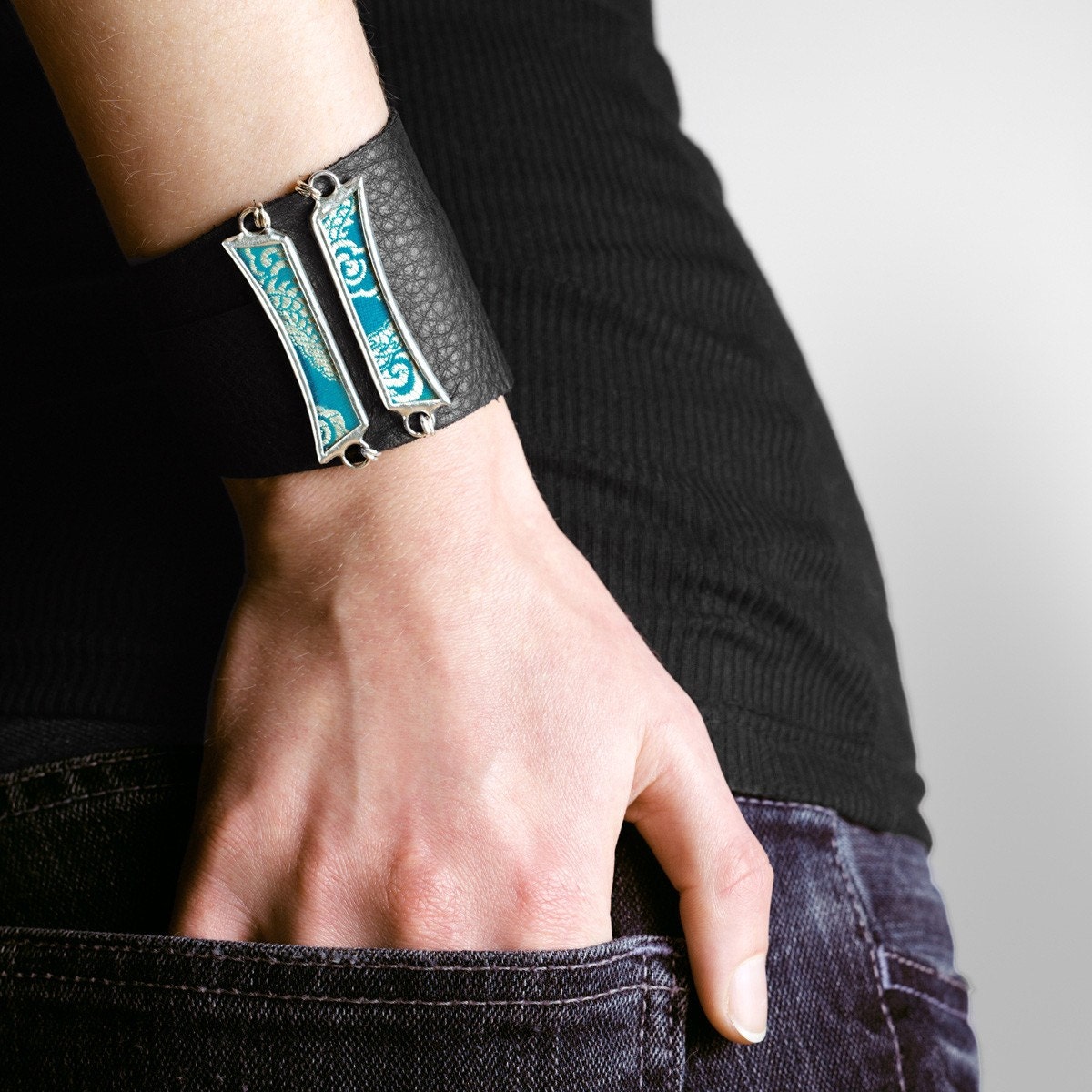 Soft Leather Wrap Around Cuff With Turquoise Dragon Silk Brocade Custom ...