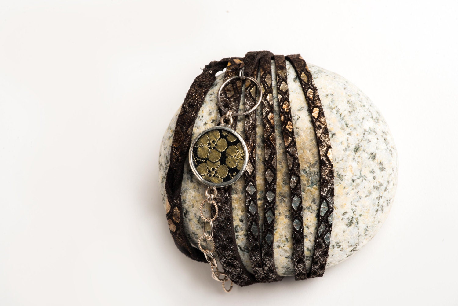 Metallic Leather Wrap Around Cuff Tether Bracelet With Gold Silk ...