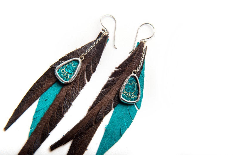 Turquoise Leather Feather Earrings With Floral Shi Piece - Etsy
