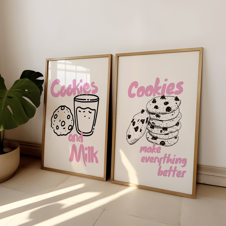 Set of 2 Print, Pink Cookie Poster, Cute Retro Food Poster, Chocolate ...
