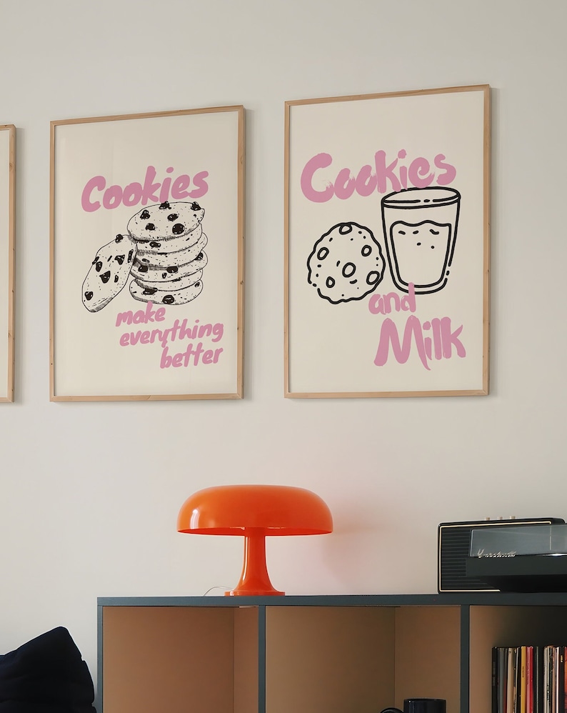 Set of 2 Print, Pink Cookie Poster, Cute Retro Food Poster, Chocolate ...