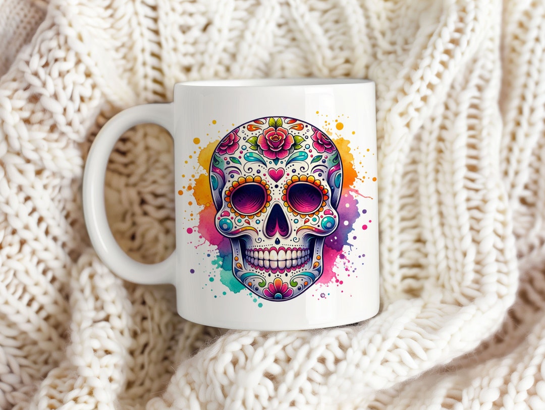 Sugar Skull Coffee Mug, Sugar Skull Mug, Skull Watercolor, Sugar Skull ...