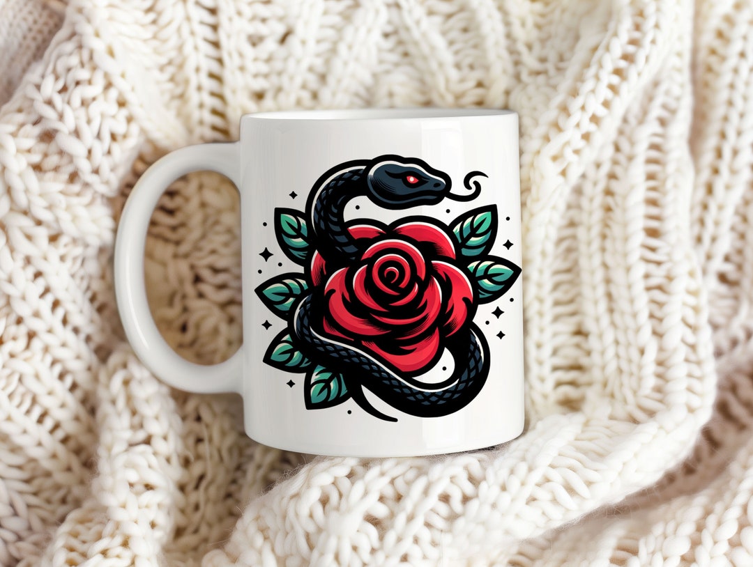 Snake Coffee Mug, Snake Mug, Rose Coffee Mug, Red Rose Mug, Single Red ...