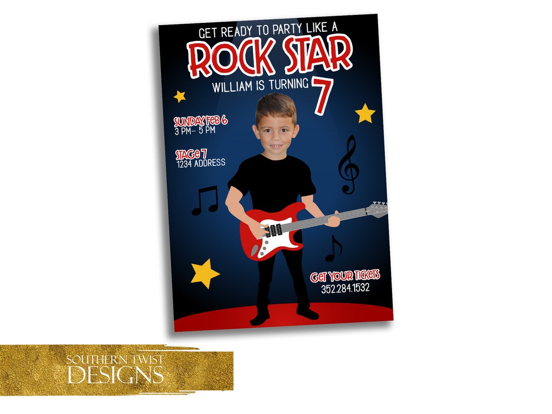 Rock Star Party Invitation, Rock N Roll Guitar Custom Birthday Invite ...