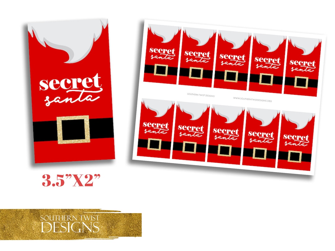 Secret Santa Printable Gift Tags, Secret Santa Beard Belt on Red ...