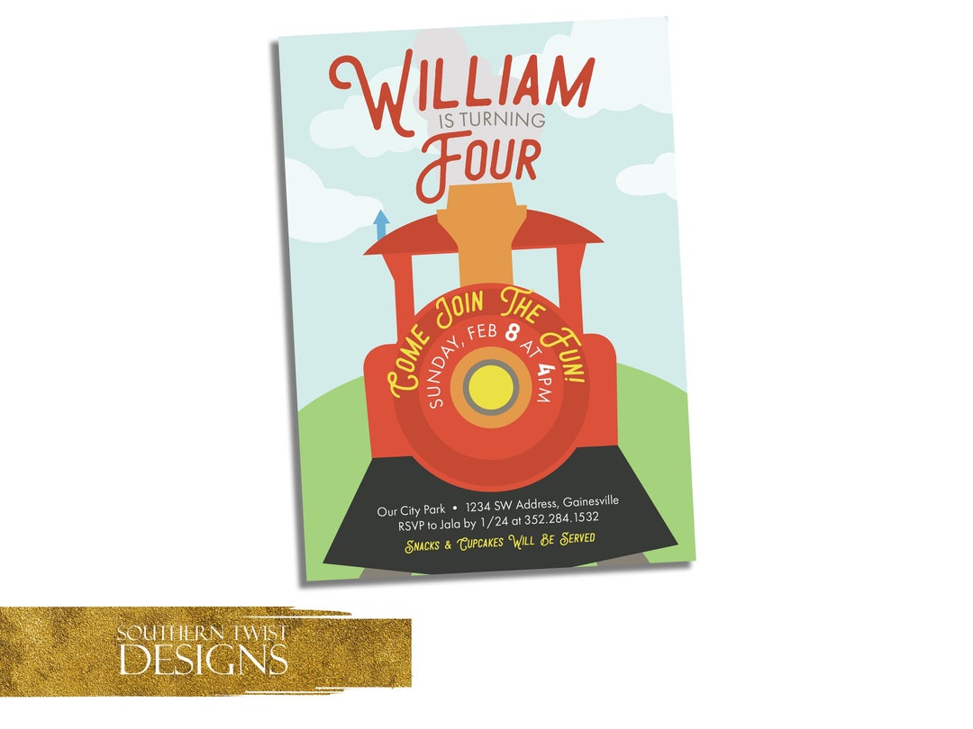 Steam Train Birthday Invitation - Custom Train Party Invite - Red and ...