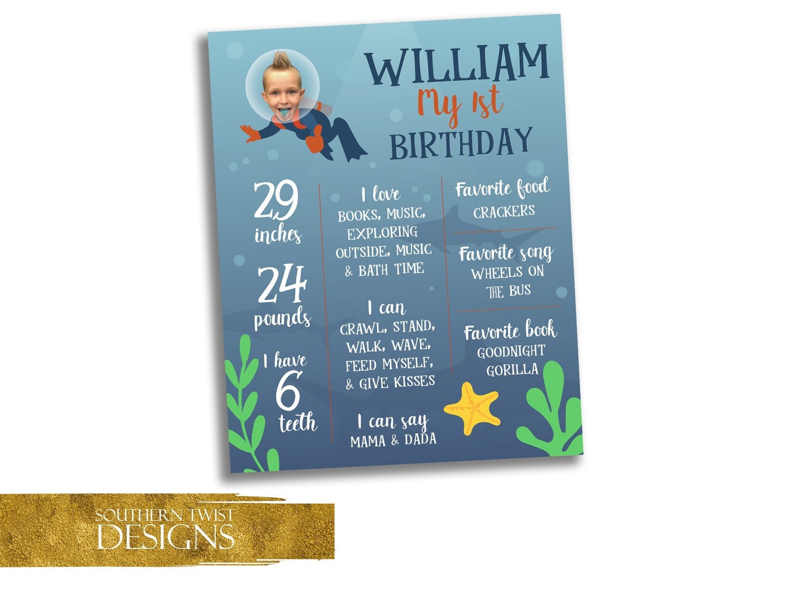 Scuba Diver Baby Milestone Poster Ocean Theme First Birthday | Etsy