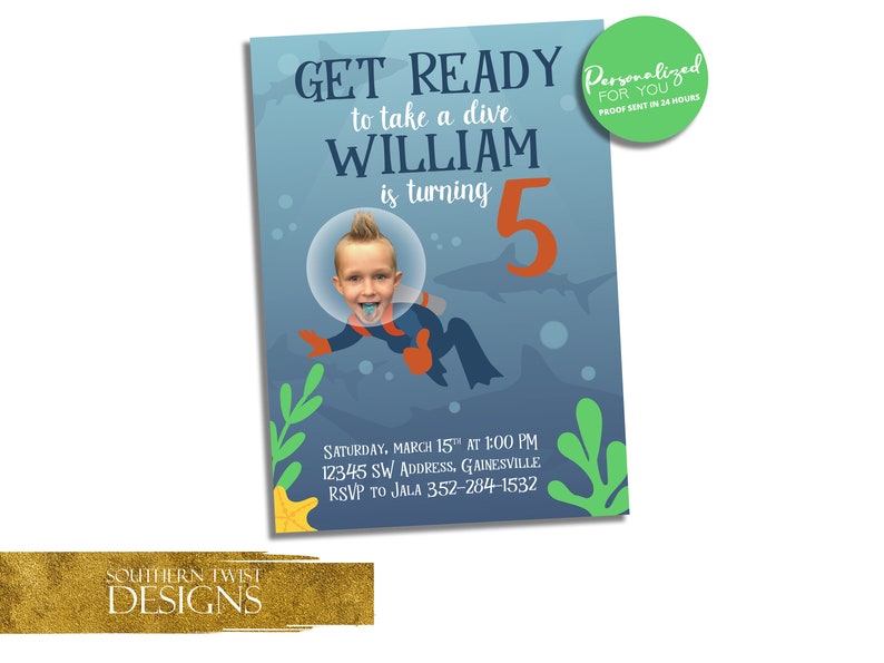 Custom Sea Creature Party Invite, Personalized With Face Photo Shark ...