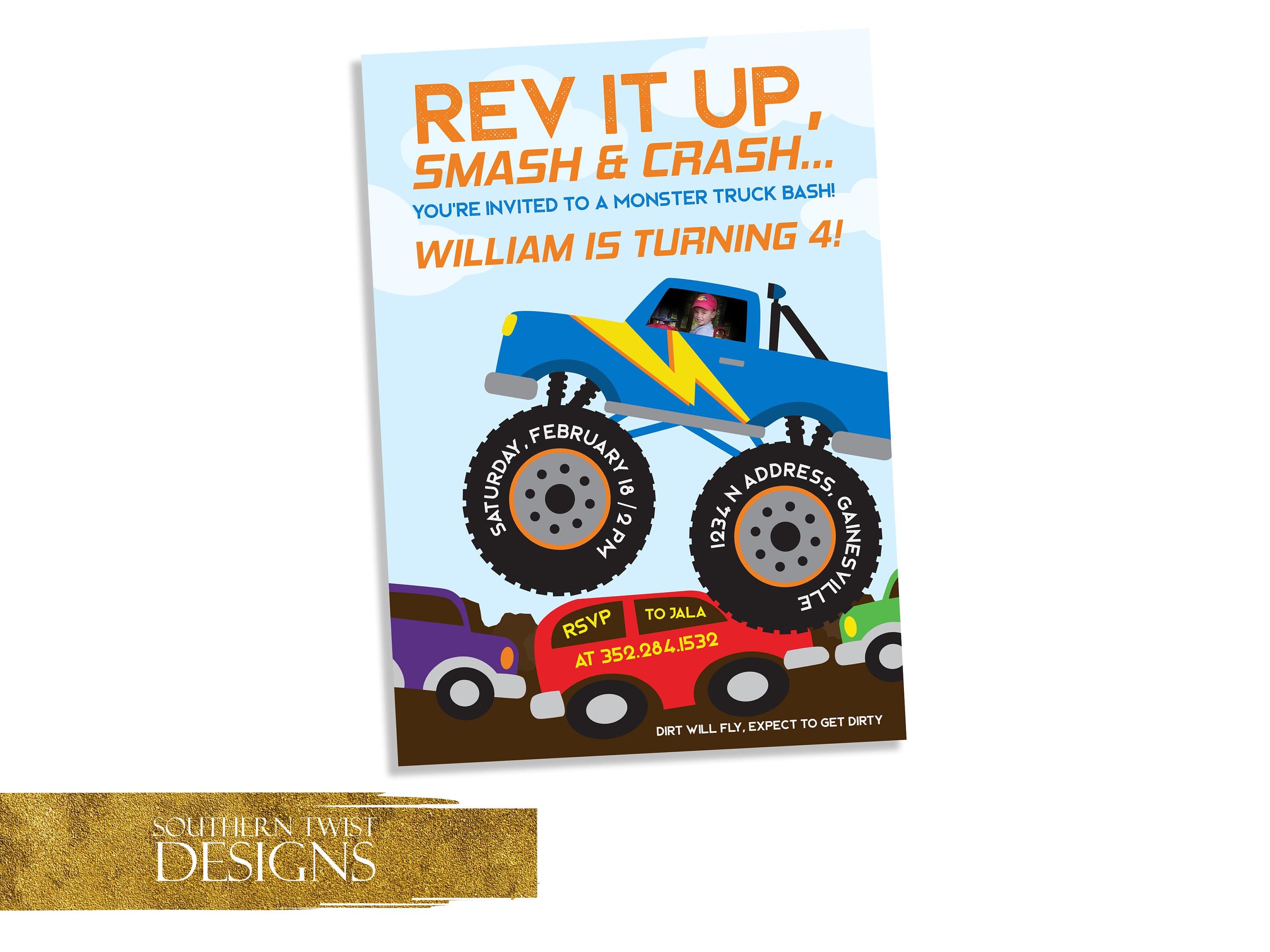 Big Truck Birthday Invitation - Custom Racing Truck Party Invite ...