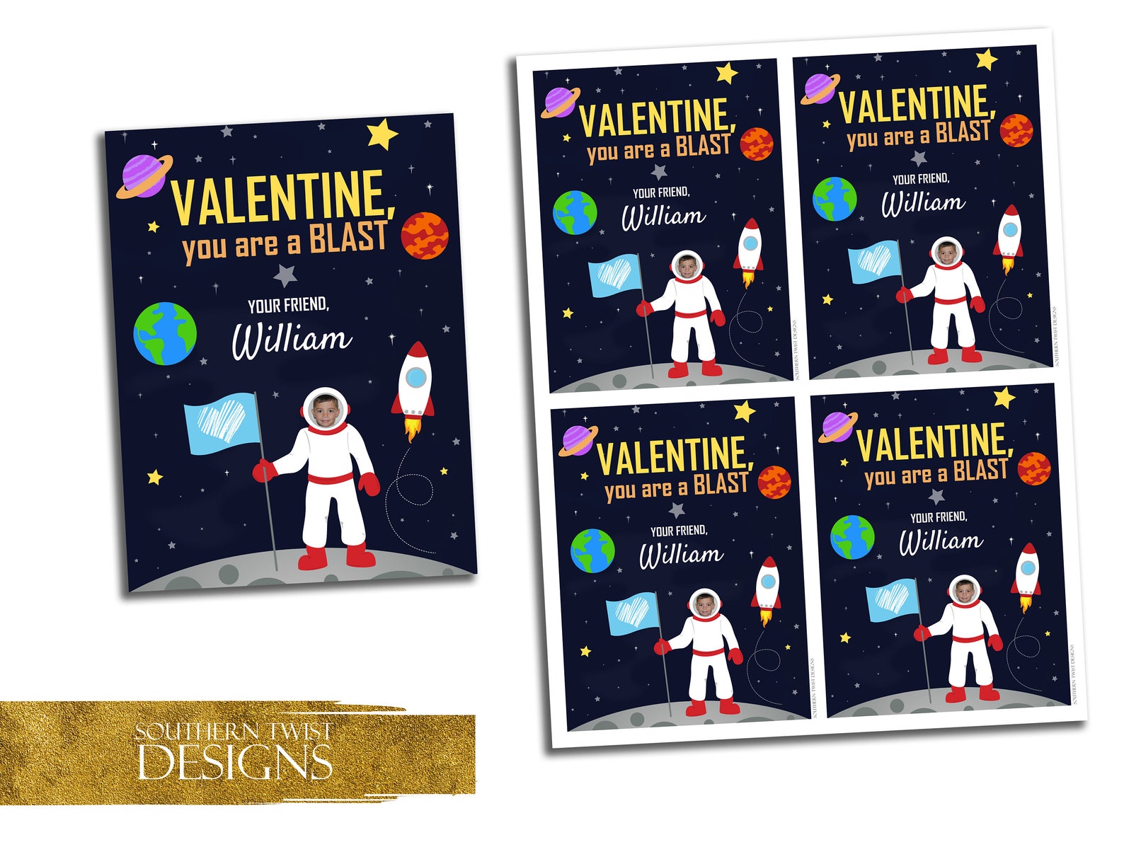 Astronaut in Space Valentine Card With Your Child's Photo, Outer Space ...